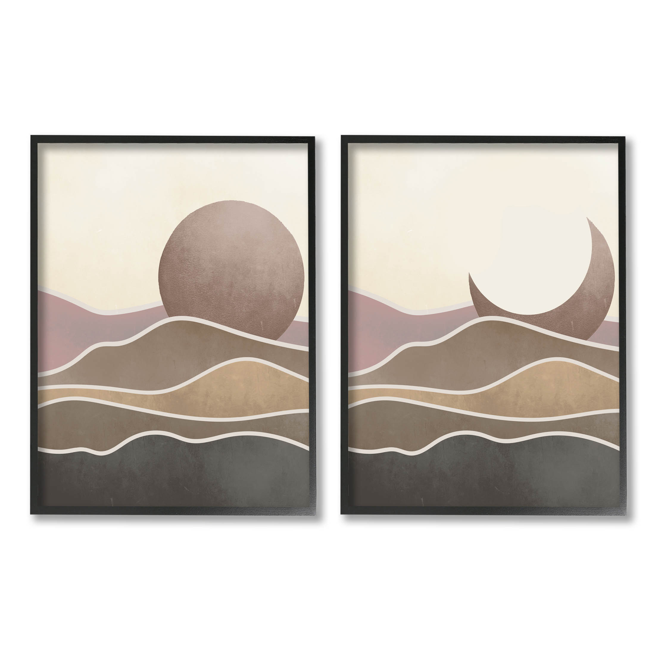 Stupell Industries Neutral Toned Landscape Sun Moon 2 Piece Framed Giclee Art Set By Daphne ...